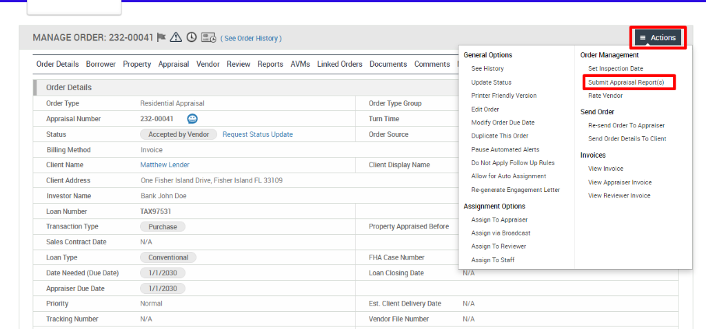 How To Submit Report to on an Order – ValueLink Software