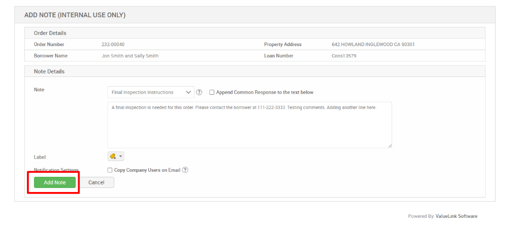 How To Add a Note To An Appraisal (For Internal Use) – ValueLink Software