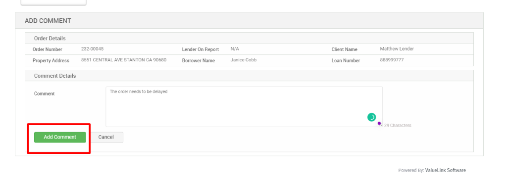 Order Management - Add A Comment To An Appraisal – ValueLink Software