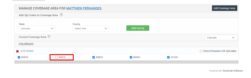 Adding/Modifying Coverage Area – ValueLink Software