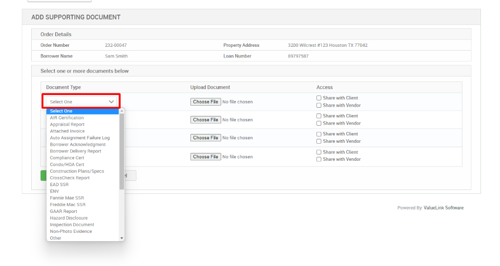 Add a supporting document to an order – ValueLink Software