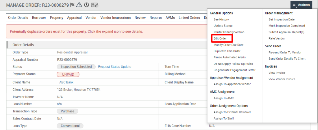 How To Edit Appraisal Order Information – ValueLink Software