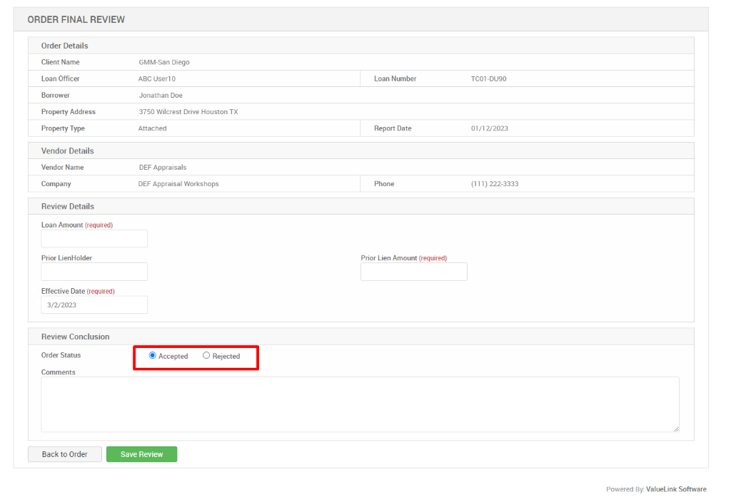 Order Management - Perform a Final Appraisal Review – ValueLink Software