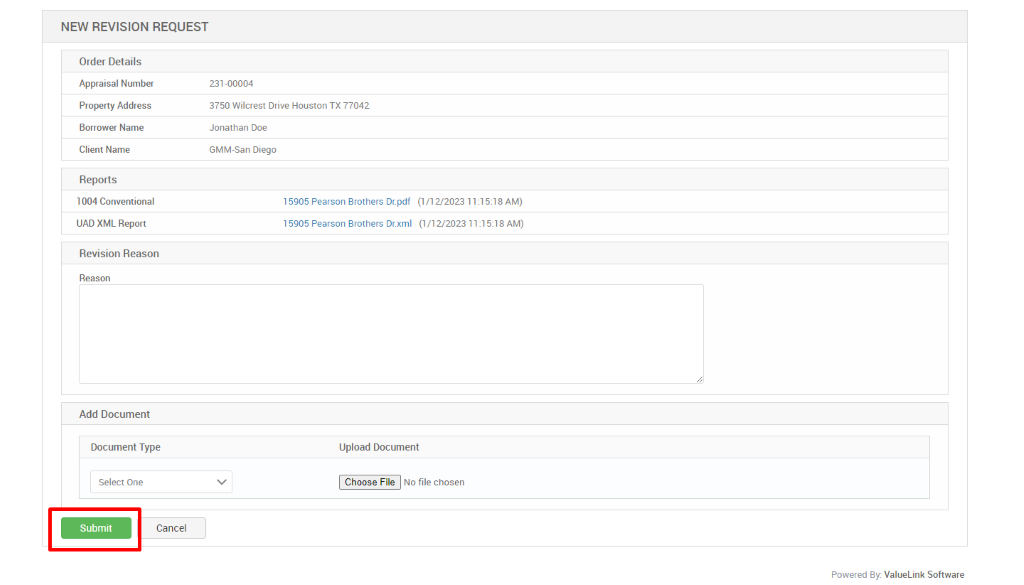 Order Management - Request an Appraisal Revision – ValueLink Software