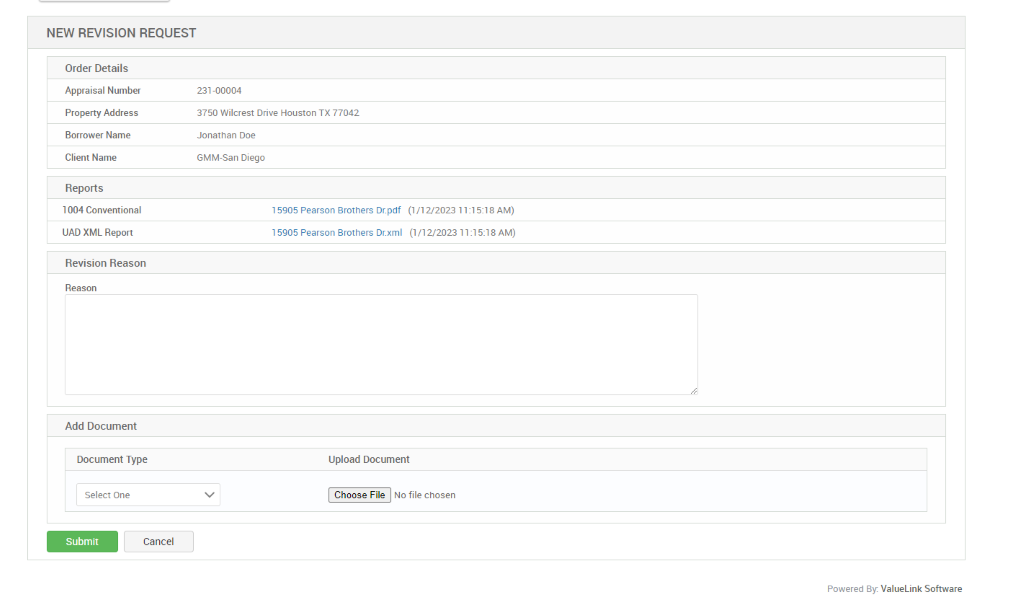 Order Management - Request an Appraisal Revision – ValueLink Software