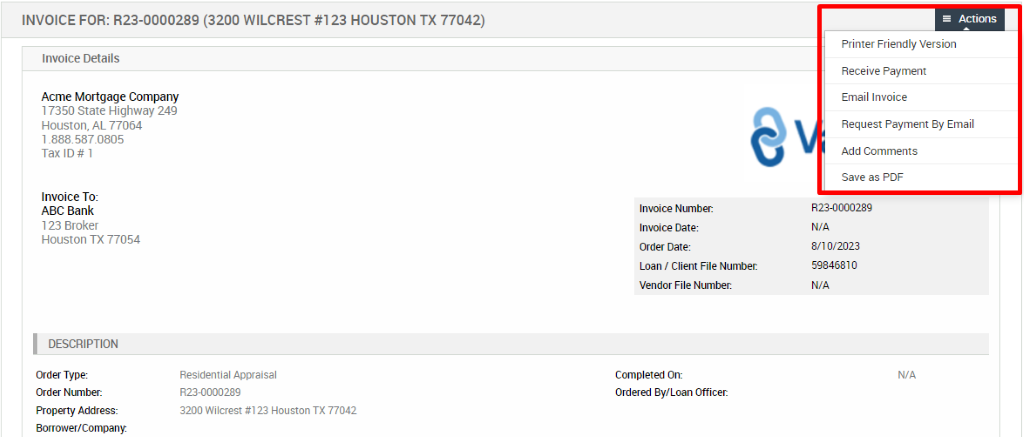 Order Management - View Invoice For Appraisal Order – ValueLink Software