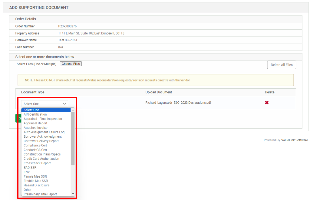 Order Management - Add A Supporting Document To An Appraisal Order – ValueLink Software