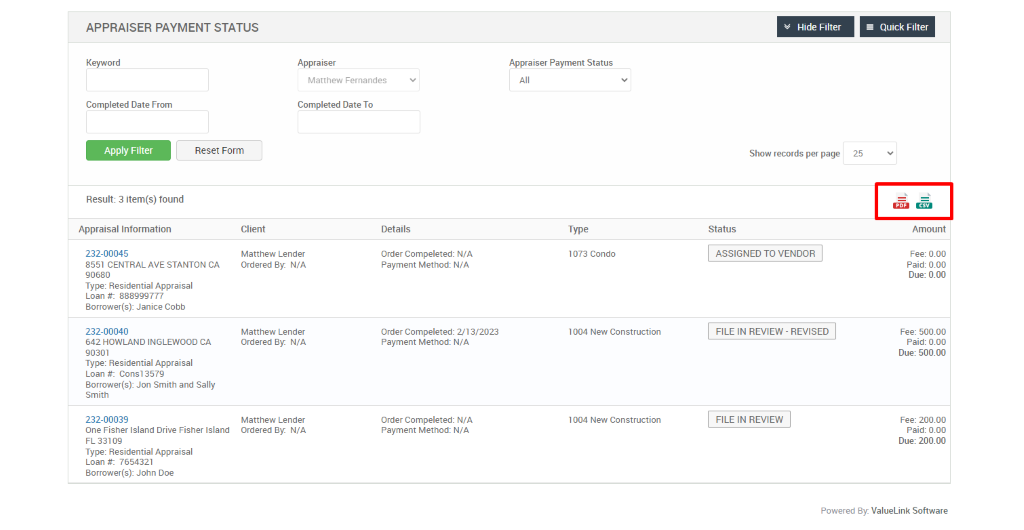 Payment Status Report – ValueLink Software