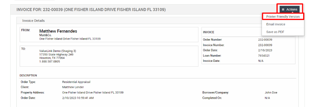 Order Management (Appraiser) - View Invoice For Appraisal Order ...
